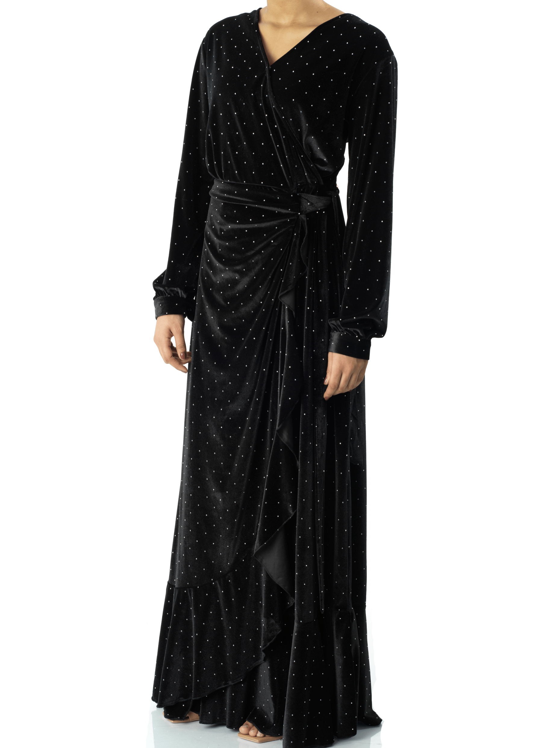 Black wrapped velvet modest maxi dress • Kabayare