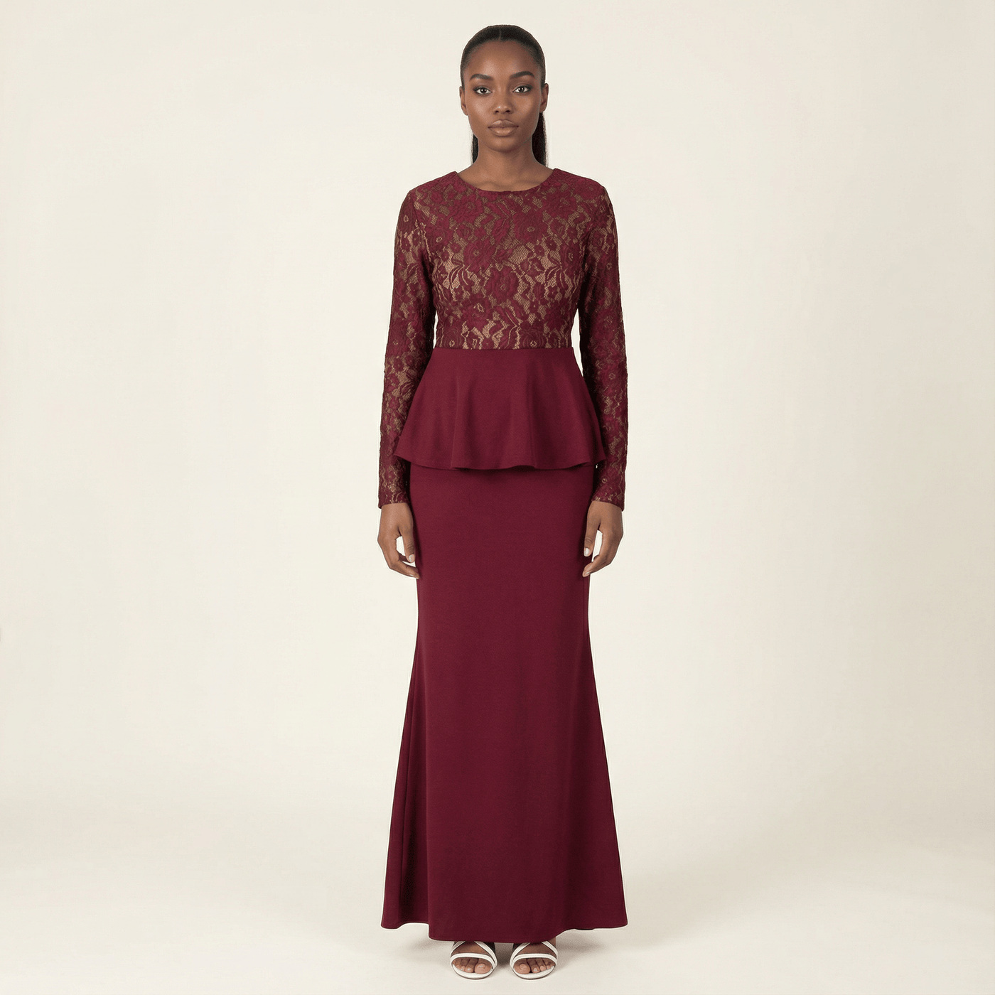 Maroon lace-top peplum maxi dress | Top | Kabayare